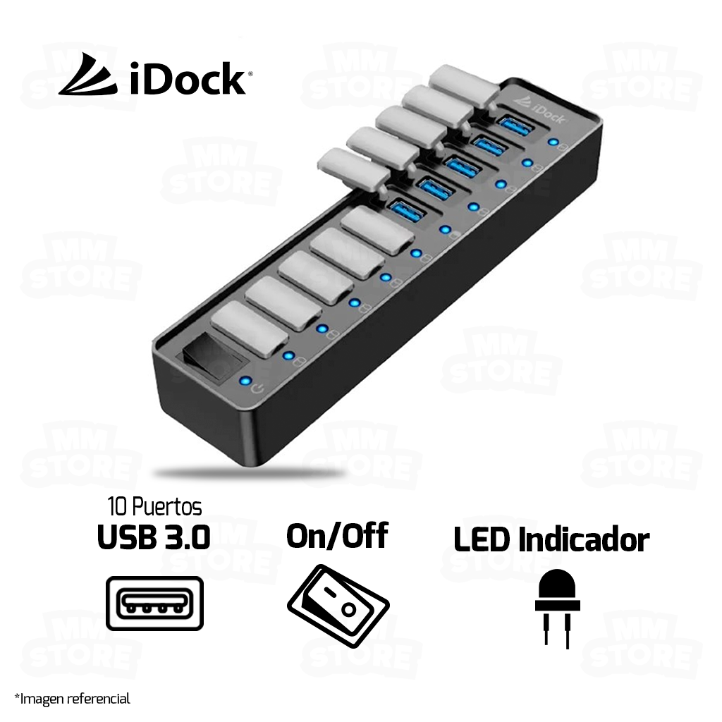 HUB USB IDOCK IDK-1000 | USB 3.0 | 10 PUERTOS | 12V 3A | NEGRO